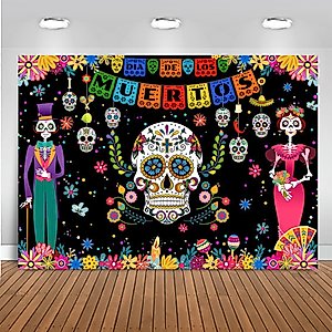 Mocsicka Day of The Dead Backdrop Mexican Día De Los Muertos Background Fiesta Sugar Skull Halloween Dress-up Party Decoration Halloween Cake Table Banner (Muticolor, 7x5ft(82''x60''))