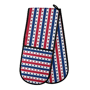 Quilted Double Oven Mitt - American Patriotic Stars Connected Oven Mitts Hot Gloves Great for Baking Cooking BBQ