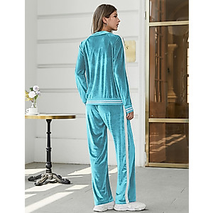 Ekouaer Women's Velvet Velor Tracksuits 2 Piece Lounge Outfits Zip Up Sweatshirt and Sweatpants with Pockets S-3XL(Light blue,Large)