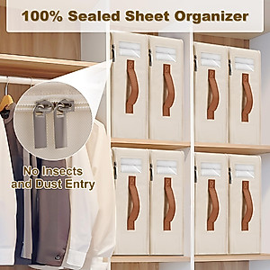 Bed Sheet Organizer 4 Pack - No Insects Entry Sheet Organizers and Storage with Zipper, Label, Handle, Window, Linen Closet Organizers and Storage for Sheet Set, Clothing, Duvet Covers, Blanket