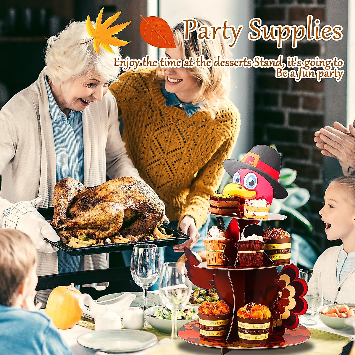Uiifan Thanksgiving Day Cupcake Stand 3 Tiers Turkey Maple Leaf Cardboard Cake Dessert Holder Tower Cookie Trays for Fall Autumn Thanksgiving Decorations Party Supplies