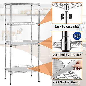 BLKMTY 4 Tier Wire Shelving Unit Kitchen Shelf Adjustable Storage Shelf Metal Microwave Rack NSF Shelf w/PP Sheets 11.4" D x 17.3" W x 43.9" H Steel Utility Shelves for Pantry Laundry, Silver