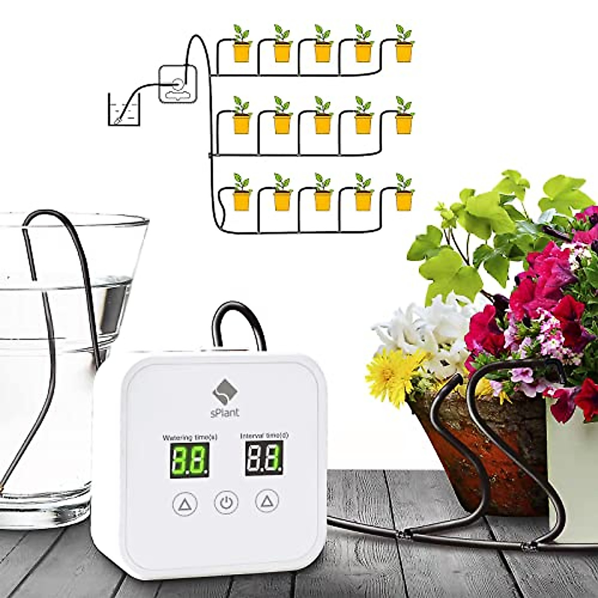 [Upgraded Pump] sPlant Big Power Automatic Drip Irrigation Kit for 15 Potted Plants, Indoor Plants Self Watering System with 30 Day Interval Programmable Timer, Watering on Working Days