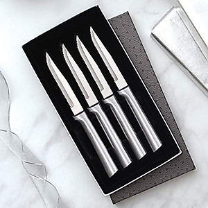 Rada Cutlery Serrated Steak Knife Set Stainless Steel Knives with Brushed Aluminum, Set of 4, 7 3/4, Silver Handle