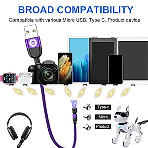 EndlesShine Magnetic Charging Cable(3Pack3.3/6.6/6.6FT&Cable Bag),One-Handed Charging Magnetic Phone Charger 3 in 1 Compatible with Micro USB, Type C 3A Charging USB Data Sync Cable(Purple)