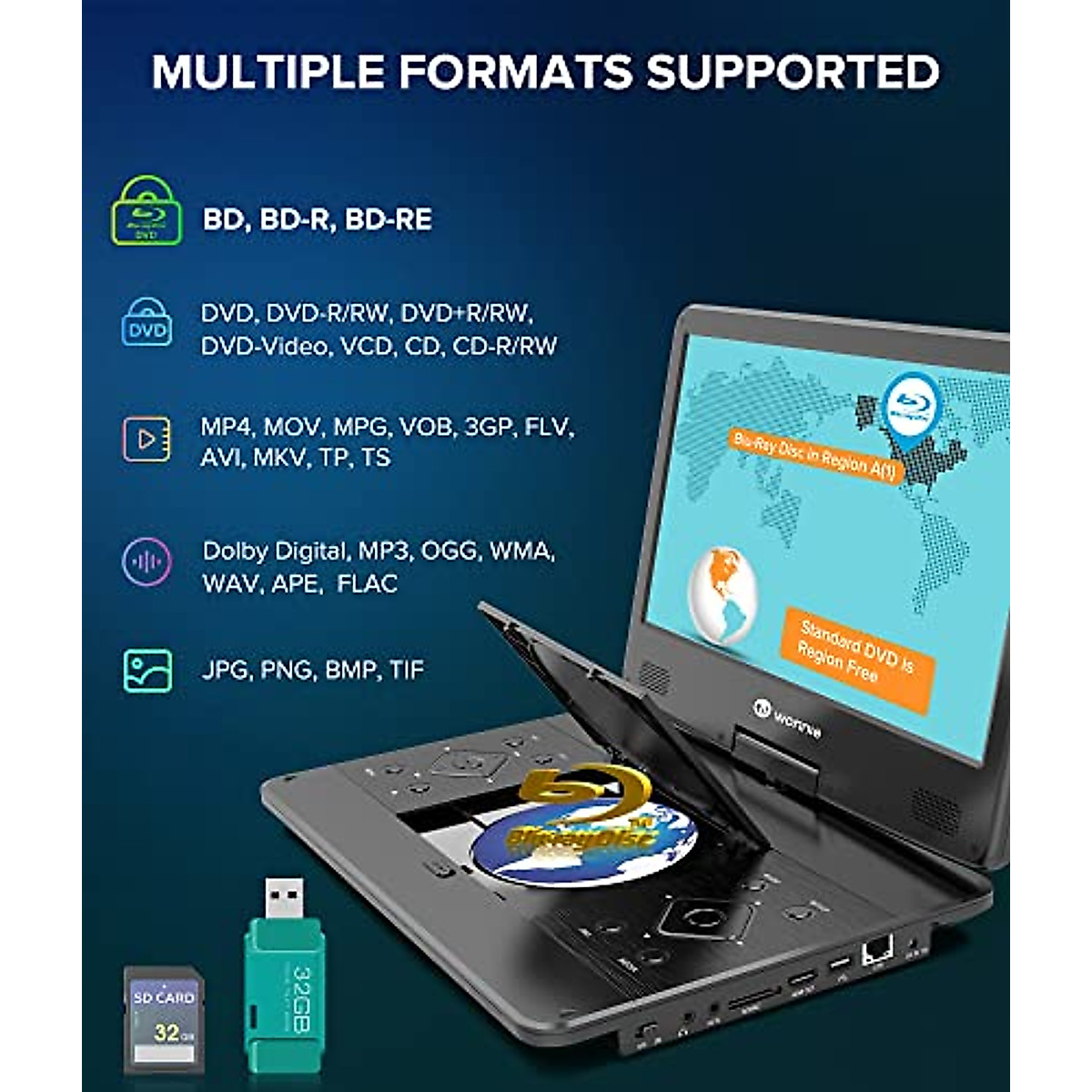 WONNIE 16.9" Portable Blu-Ray DVD Player with 14.1" 1080P Full HD Large Screen, Dolby Audio, 4 Hrs Rechargeable Battery, Support HDMI Out, AV in, USB/SD Card, Last Memory