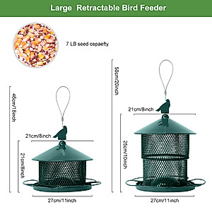 Bird Feeder for Outside Hanging,Squirrel Proof Metal Bird Feeder for Outdoor Wild Birds, 7.4 lb Seed Large Capacity Retractable Hanging Bird Feeders for Cardinal, Finch, Sparrow, Chickadee etc(Green)