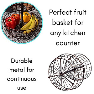 BirdRock Home 2 Tier Wire Fruit Basket Bowl - Round Metal Standing Storage Baskets - Vegetable Garlic Caddy Stand for Kitchen Counter - Freestanding Rustic Decorative Farmhouse Decor