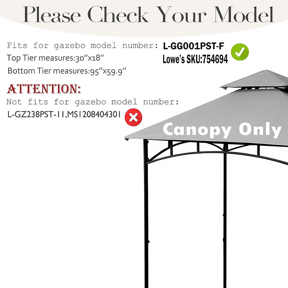 HETTRICK Gazebo Replacement Canopy 5x8 Shelter Double Tiered BBQ Cover Grill Shelter for Shop Garden Patio Model L-GG001PST-F (Grey)