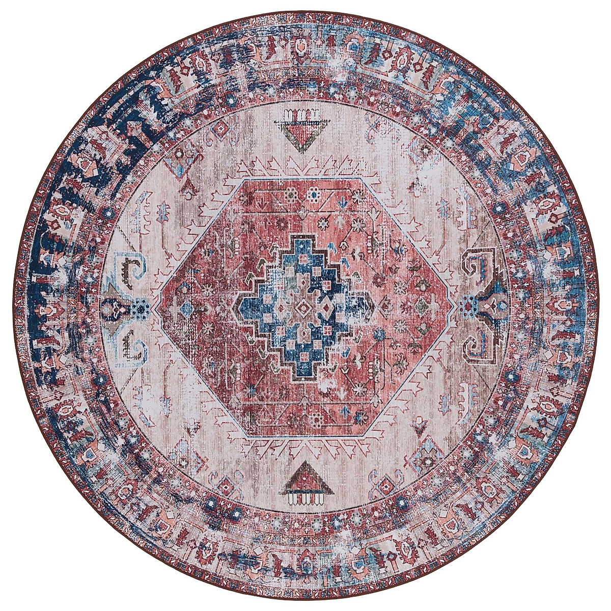 SAFAVIEH Tucson Collection Area Rug - 6' Round, Beige & Rust, Persian Design, Machine Washable & Slip Resistant, Ideal for High Traffic Areas in Living Room, Bedroom, Dining (TSN155B-6R)