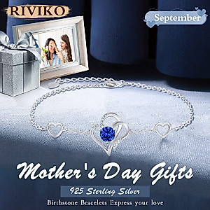 RIVIKO Love Heart Charm Bracelet For Women 925 Sterling Silver With Zirconia Birthstone Bracelets Adjustable Link for Mother Wife Girls Sister Birthday Christmas Mother's Day Jewelry Gift, Sterling