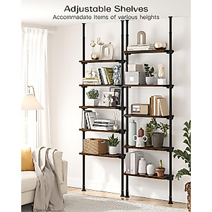 ALLZONE 5 Tiers Narrow Bookshelf, Tall Adjustable Ladder Book Shelf with Open Storage, Floor to Ceiling Tension Mount, Wooden Industrial Bookcase for Living Room, 92 to 116 Inch, Brown