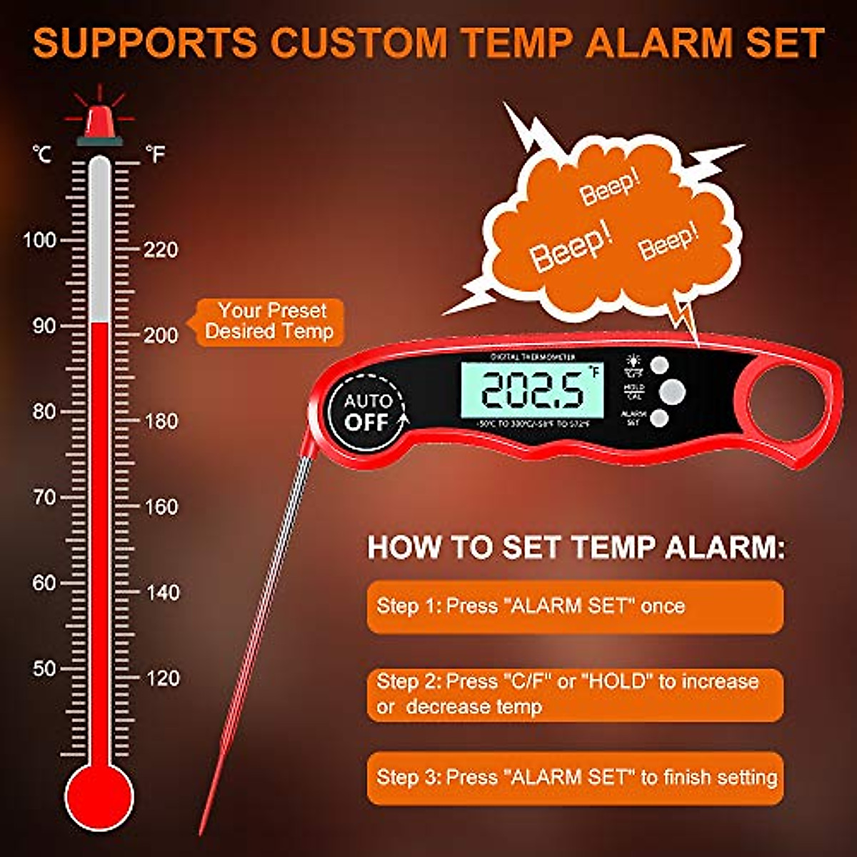 COMSOON Digital Meat Thermometer, Instant Read Cooking Thermometer with Dual Probe, Kitchen Food Thermometer with Alarm Setting, Backlight & Magnet for BBQ Grill Smoker Oven Oil Candy-Red