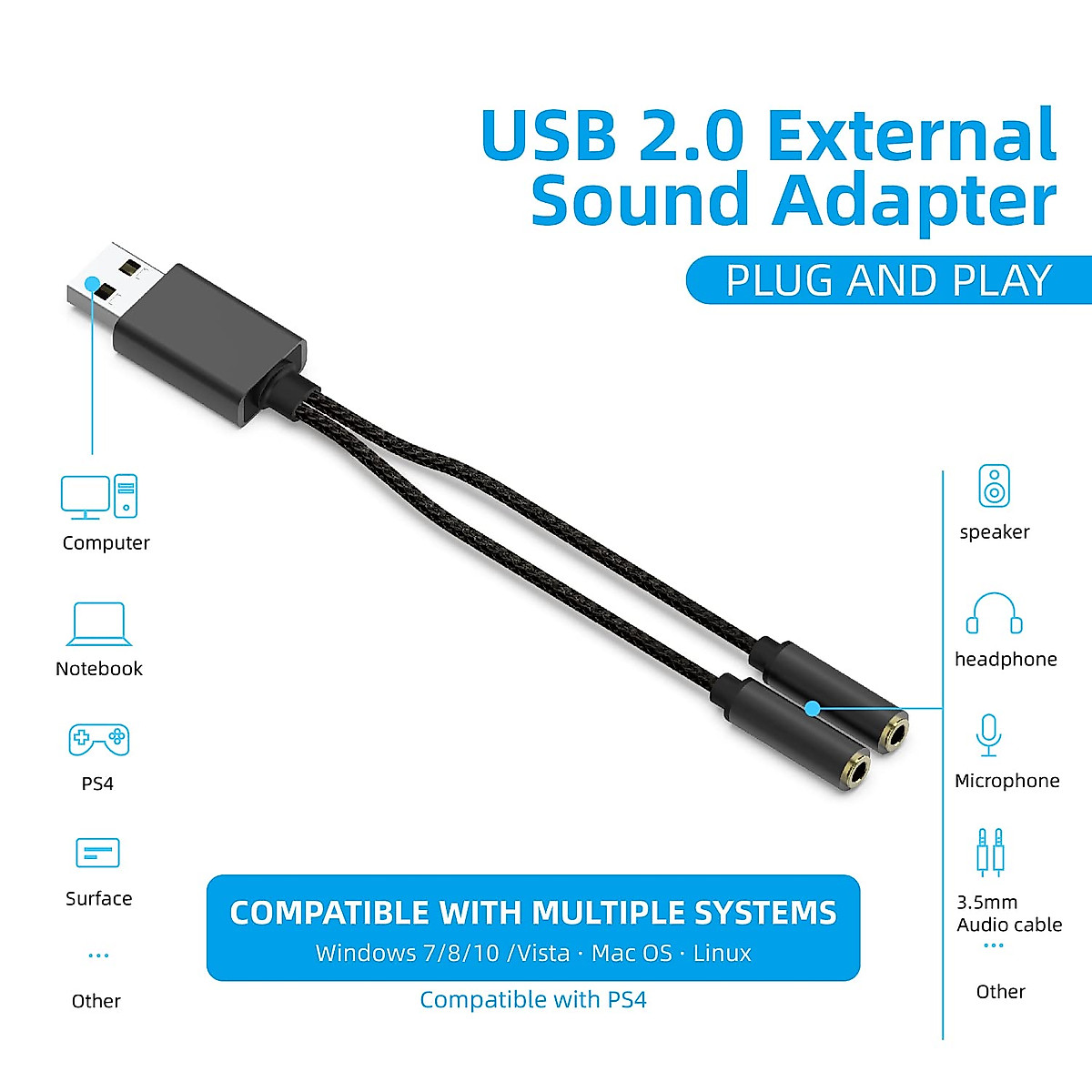 EBEETECH USB to Dual 3.5mm Audio Jack Adapter, Mic-Supported Headphone Adapter for Two Headphones, Speakers to Laptop, with 3-Pole 3.5mm Jack Audio Cables (20cm&100cm) [3 Pack], Black