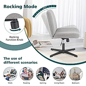 Criss Cross Chair No Wheels, Swivel Criss Cross Legged Chair, Modern Fabric Vanity Chair, Height Adjustable Wide Armless Chair for Small Spaces (Grey)