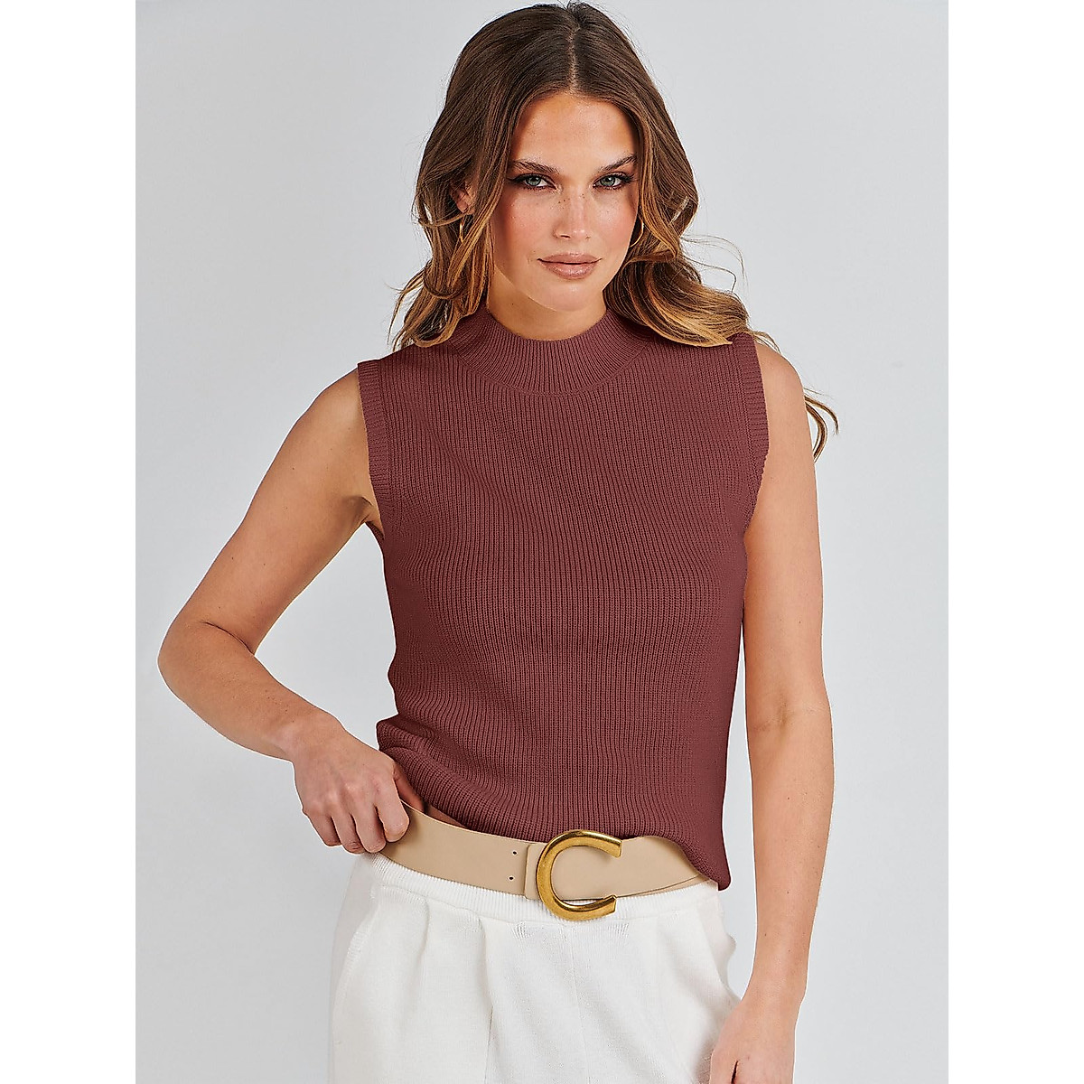 ANRABESS Womens Summer Sleeveless Tops Casual Mock Neck Loose Fit Knit Lightweight Sweater Pullover Top Maroon-XL