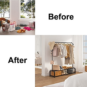 UDEAR Garment Rack Free-standing Clothes Rack with Top Rod,Lower Storage and 6 Hooks,Black