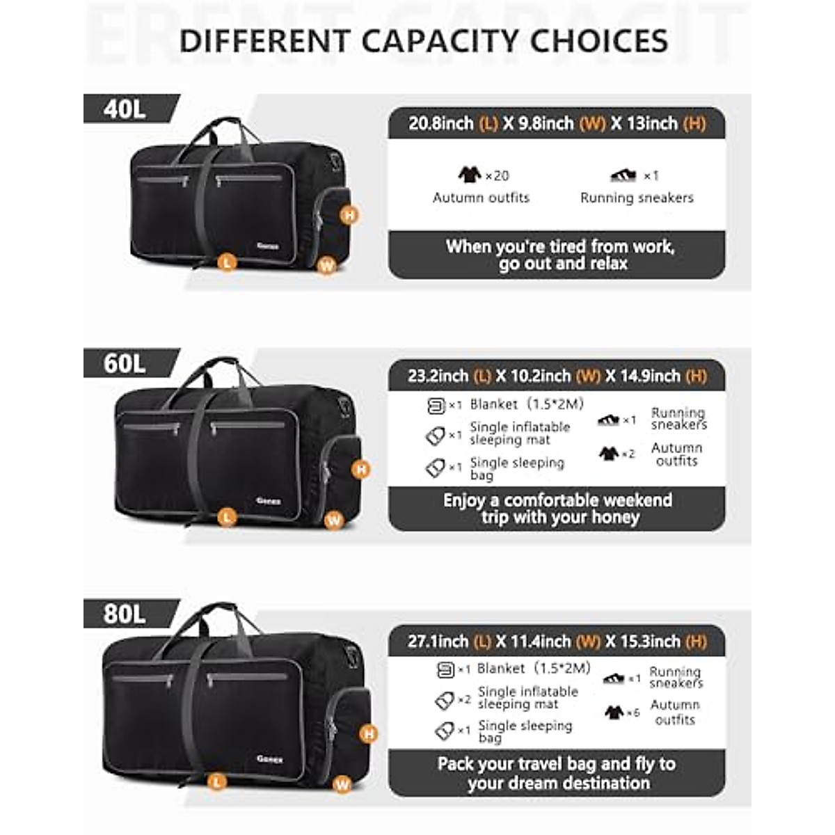 Gonex 80L Packable Travel Duffle Bag Foldable Duffel Bags for Luggage Gym Sports Camping Travelling Cycling Storage Shopping Water & Tear Resistant Black