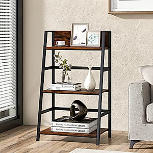 Tangkula 3-Tier Ladder Bookshelf, Industrial Wooden Bookcase w/Metal Frame, Anti-Toppling Device, Freestanding Display Shelf Plant Stand, Storage Rack for Home Office Living Room Kitchen (2, 3-Tier)