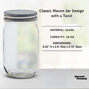 DISCOUNT PROMOS Mason Jars with Lids 16 oz. Set of 10, Bulk Pack - Glass Jars for Overnight Oats, Candies, Fruits, Pickles, Spices, Beverages - Clear Bottom Color