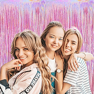 Glitter Pink Fringe Party Curtain - 6.5x9.8 feet, Pack of 2 | LILF Pink Tinsel Streamers Foil Fringe Backdrop Curtain with Non-Marking Tape for Birthday Bachelorette Party Decoration Photo Booth Props