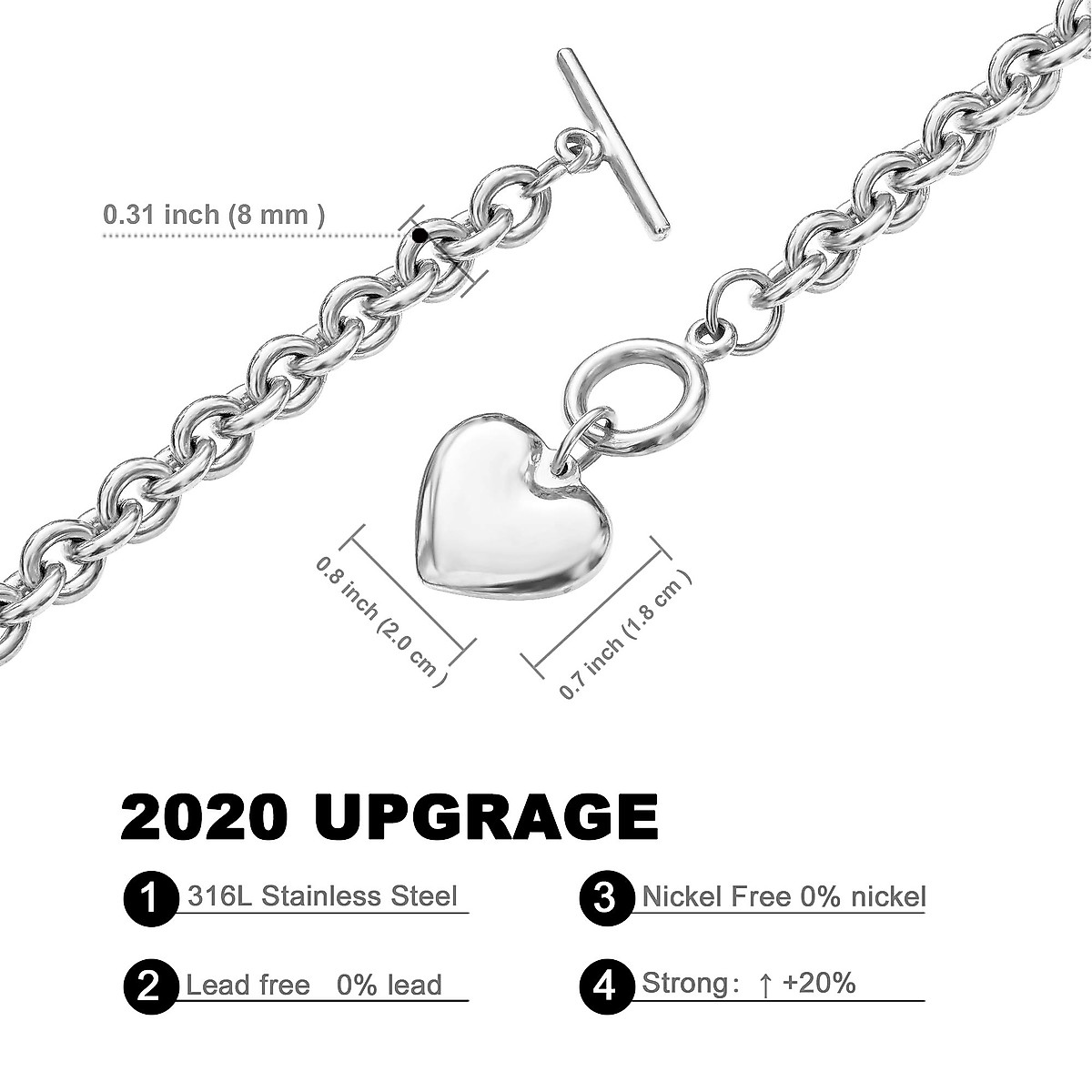 W/W Lifetime Heart Chain Necklace + Heart Bracelet for Women Hearts Pendant Toggle Charm Jewelry Set Stainless Steel
