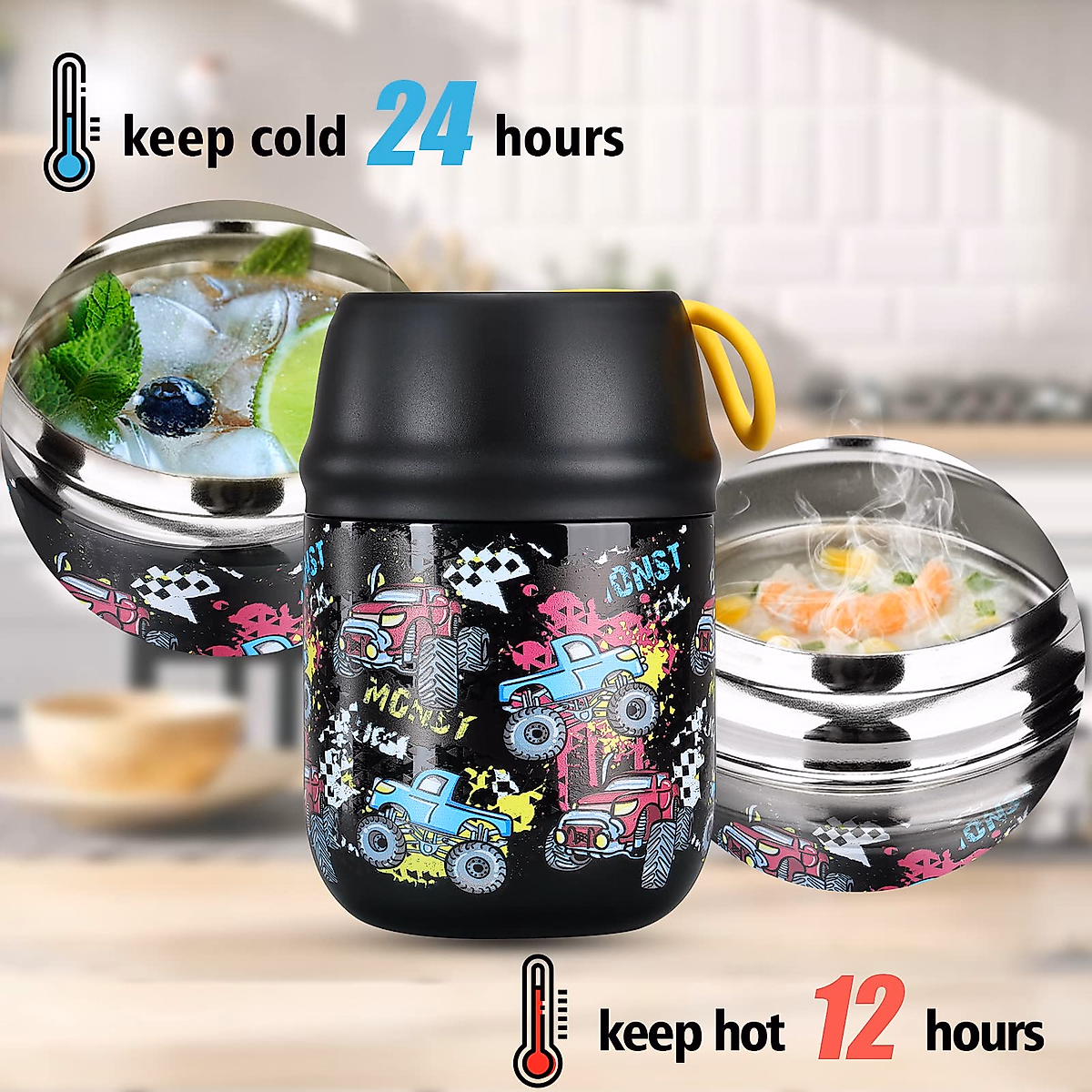 JOOPETALK Thermo for Hot Food Kids 17oz Soup Thermo Insulated Food Jar Lunch Container Keeps Hot/Cold Vacuum Stainless Steel Thermo Lunch Box With Handle Folding Spoon for School, Office, Travel
