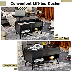 Tangkula Lift Top Coffee Table, Modern Cocktail Table with Hidden Compartment & 2 Open Shelves, Flip Top Center Table, Wooden Pull up Coffee Table for Living Room, Reception Room, Office (Black)