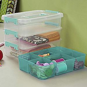 Tribello Plastic Storage Containers 3 Layer Handle Box, with Divided Top Bin, Store Small Items, Sewing Supplies, Art & Craft Supplies, and Ornament Organizer - Clear Carrying Case
