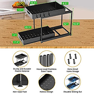 JWQ Under Sink Organizers and Storage 2 Pack, Pull-out Large Capacity Under Bathroom and Kitchen Cabinet Storage Drawer Organizer with Hooks, Multi-purpose Under Sink Shelf Organizer, Black