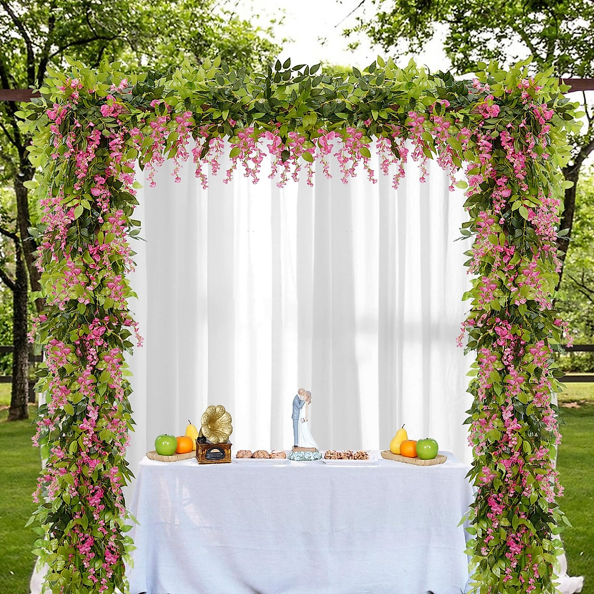 Dolicer 4Pcs 6.6Feet Artificial Flowers Silk Wisteria Garland Artificial Wisteria Vine Rattan Silk Hanging Flower for Home Garden Outdoor Ceremony Wedding Arch Floral Decor, Purplish Red