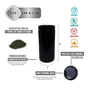 Stash Jar Smell Proof Container – (1000 ml, 2 Oz) Premium European UV Glass Jar Airtight Discreet with 2-8g Boveda Humidity Packs, 2 Smellproof Resealable Bags, Customizable Stickers & Labeling Pencil