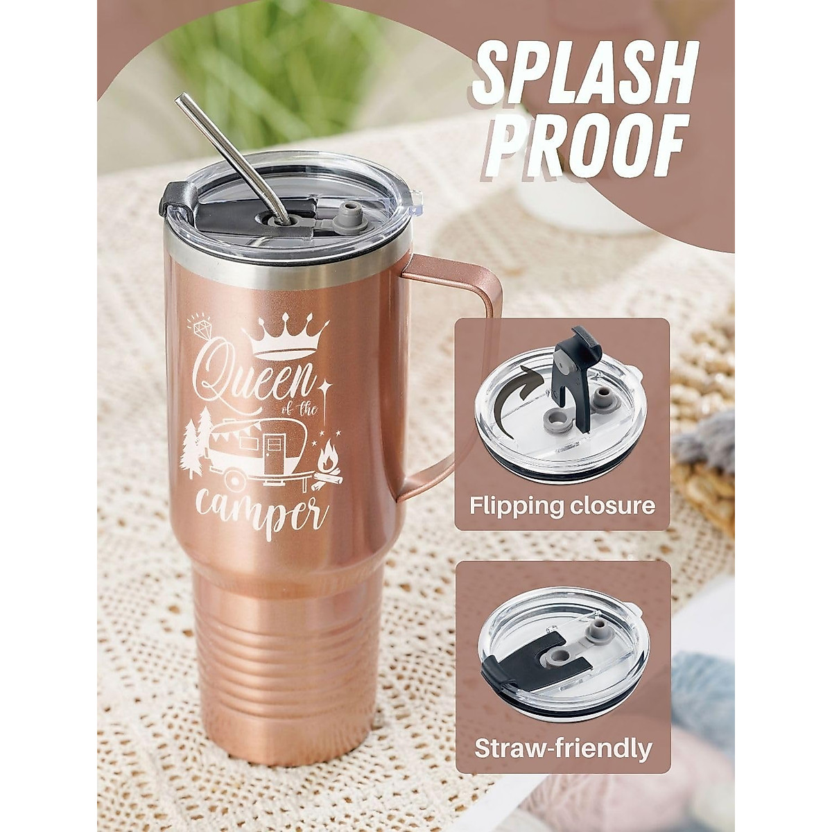 Onebttl Queen of the Camper Tumbler RV Gifts for Women, Coffee Mug for Campers, RV Enthusiasts, Motorhome Owners, Stainless Steel Insulated 1180ml/40oz