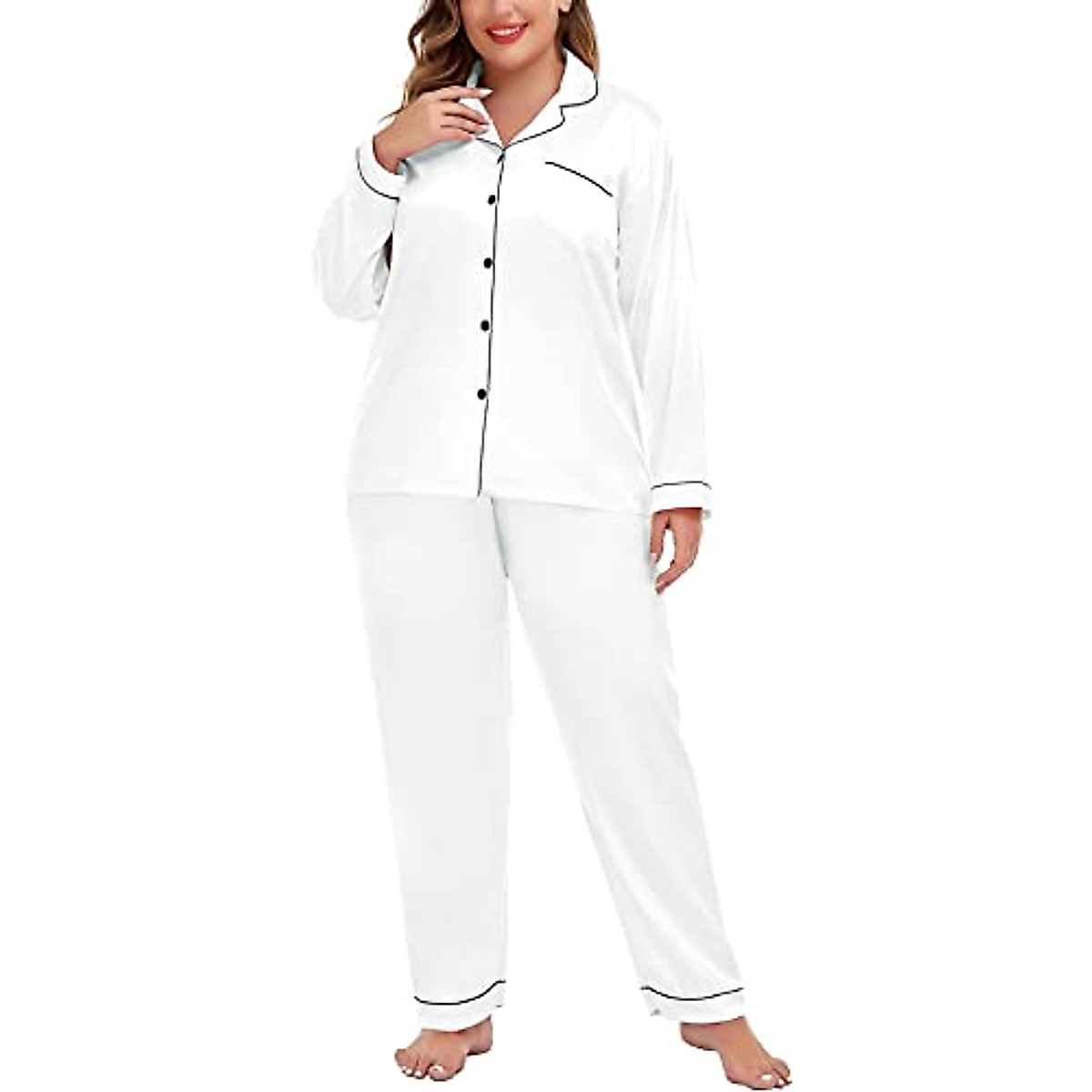SWOMOG White Pajama Set for Plus Size Women Silk Satin Pajamas Long Sleeve Pjs Button-Down Pj Set Soft Sleepwear Set 22W
