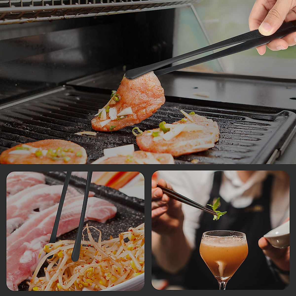 Hotec Kitchen Tweezers Stainless Steel Fine Kitchen Tongs for Cooking, 12-Inch Extra-Long Cooking Tweezers Food Tongs Set of 2, Black