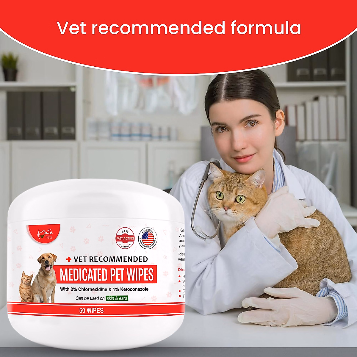 Amate Medicated Dog Wipes for Ear Skin & Coat - Pet Wipes for Dogs & Cats - 2.5” Small Wipes - Relieve Skin Issues, Hot Spots & Irritation - Pack of 50