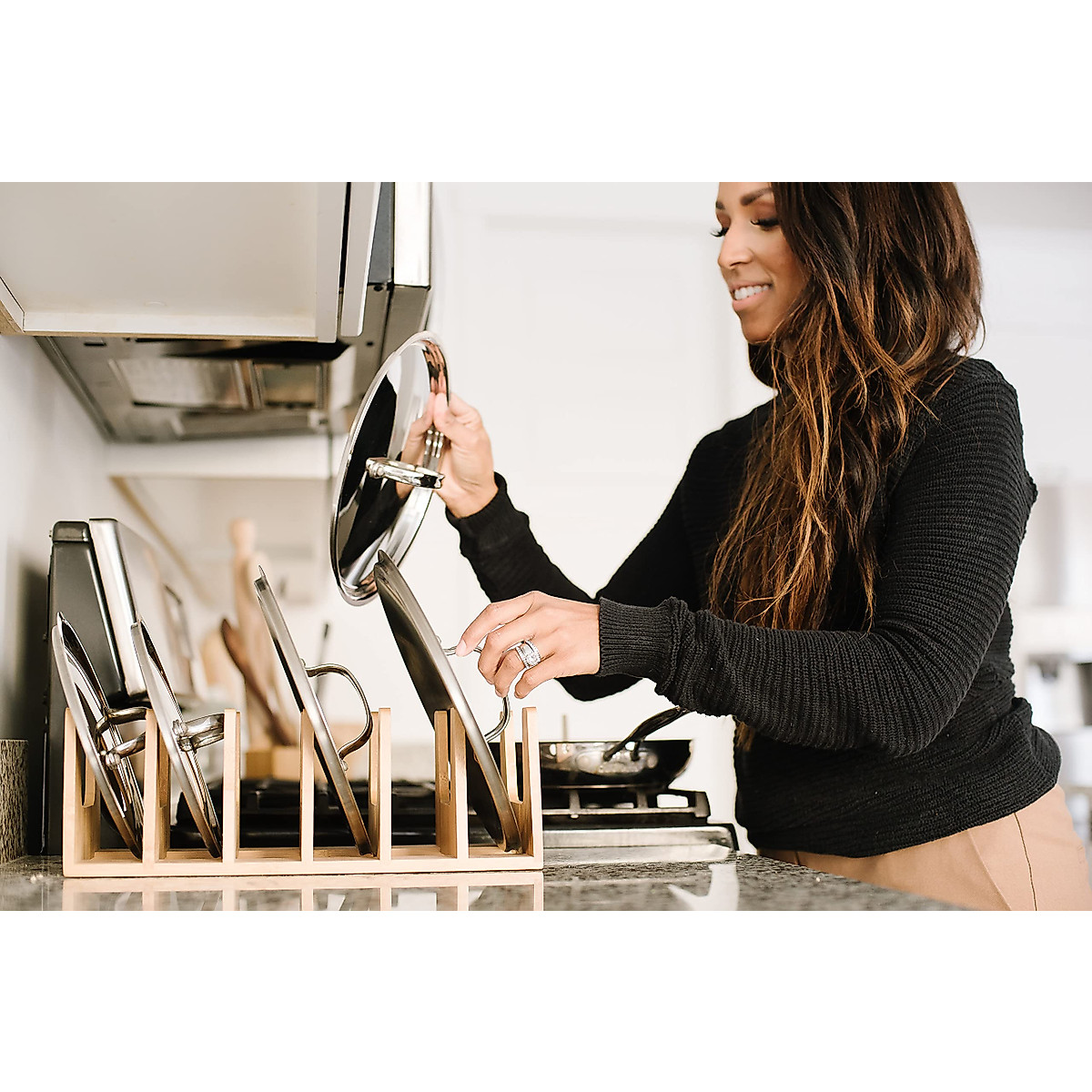 MobileVision Bamboo Pot Lid Holder Organizer for Storage in Cabinets or Kitchen Countertops and Cupboards