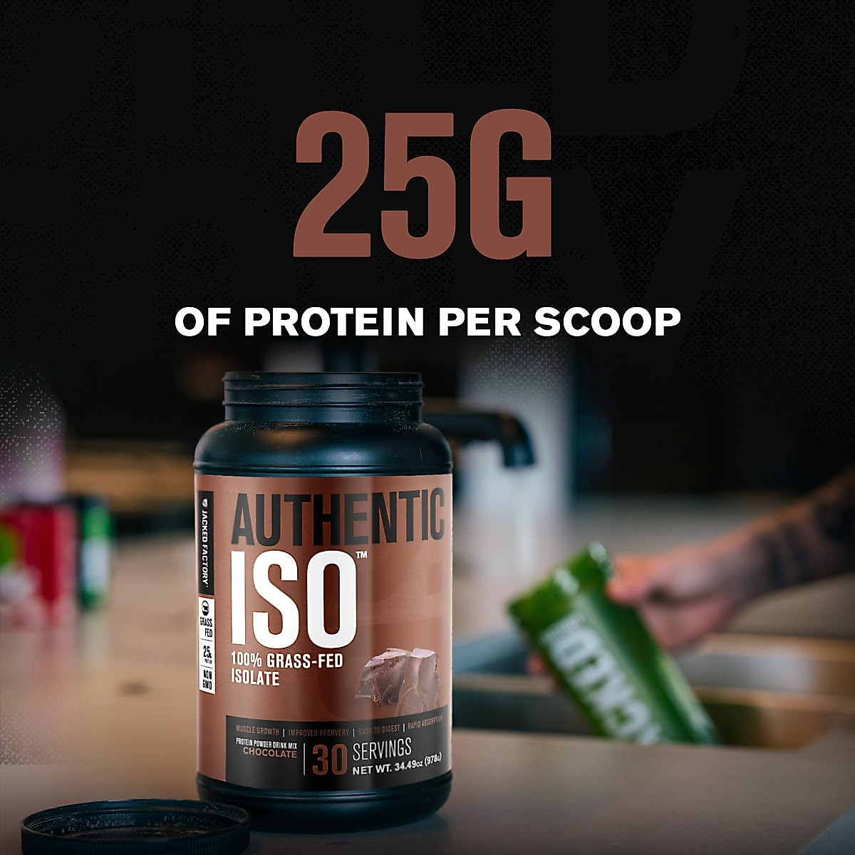 Jacked Factory Authentic ISO Grass Fed Whey Protein Isolate Powder - Low Carb, Non-GMO Muscle Building Protein w/No Fillers, Post Workout Recovery, Chocolate
