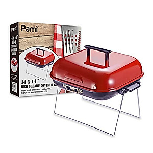 PAMI Portable BBQ Tabletop Charcoal Grill With Lid - 14” x 14” Square Covered Smoker Grill With Folding Legs For Backyard Patio, Camping, Tailgating, Picnics- Lightweight Metal Outdoor Cooking Grill