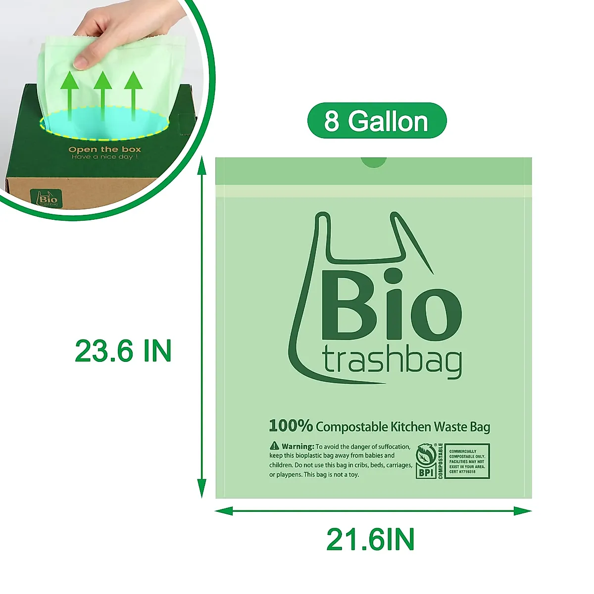 8 Gallon Compostable Trash Bags, 50 Count Drawstring Trash Bags Biodegradable, Heavy Duty Extra Thick Compost Bags, Kitchen Food Scrap Waste Bag, US BPI and OK Compost Home Certified