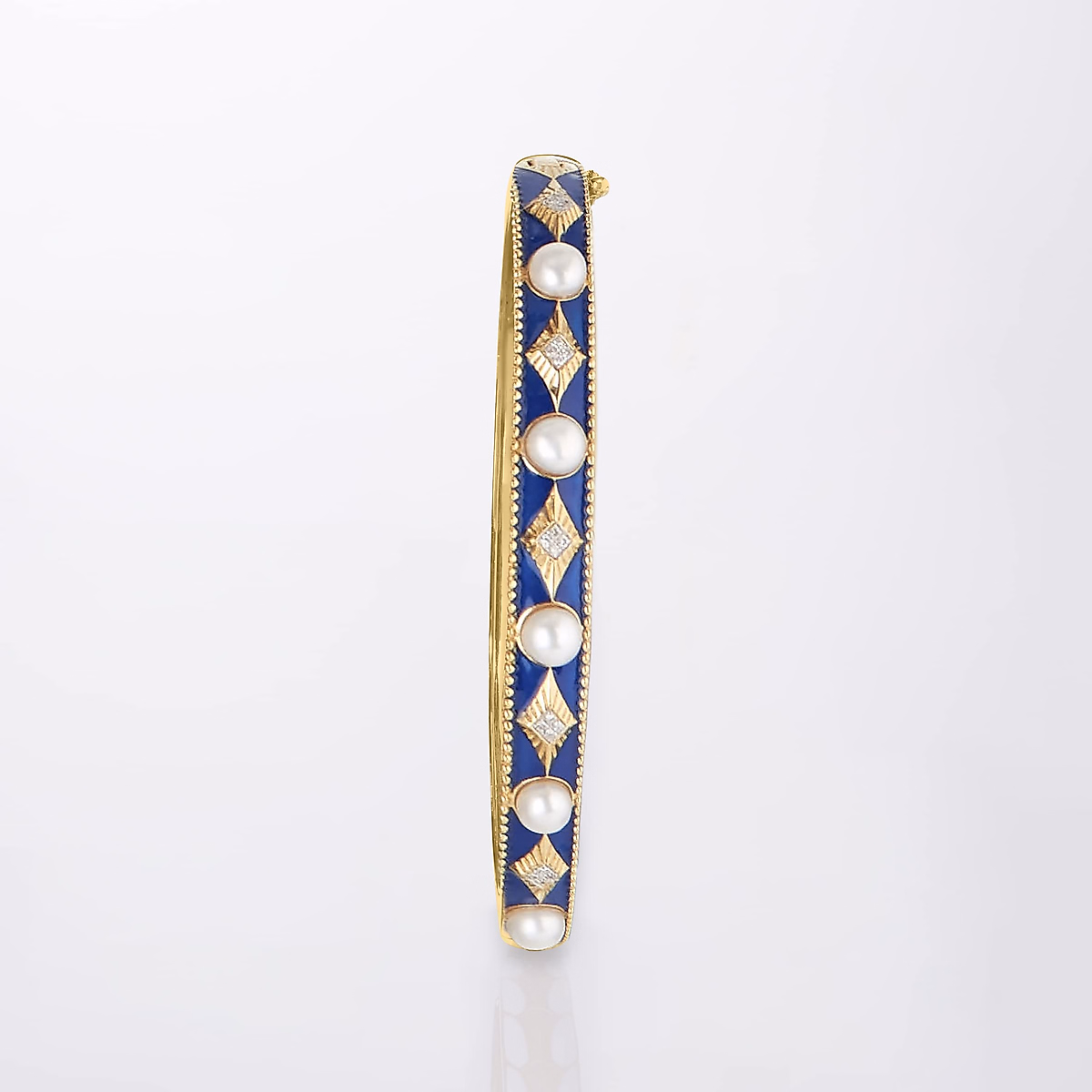 Ross-Simons 4.5-5mm Cultured Pearl Bangle Bracelet With Diamond Accents and Blue Enamel in 18kt Gold Over Sterling. 8 inches