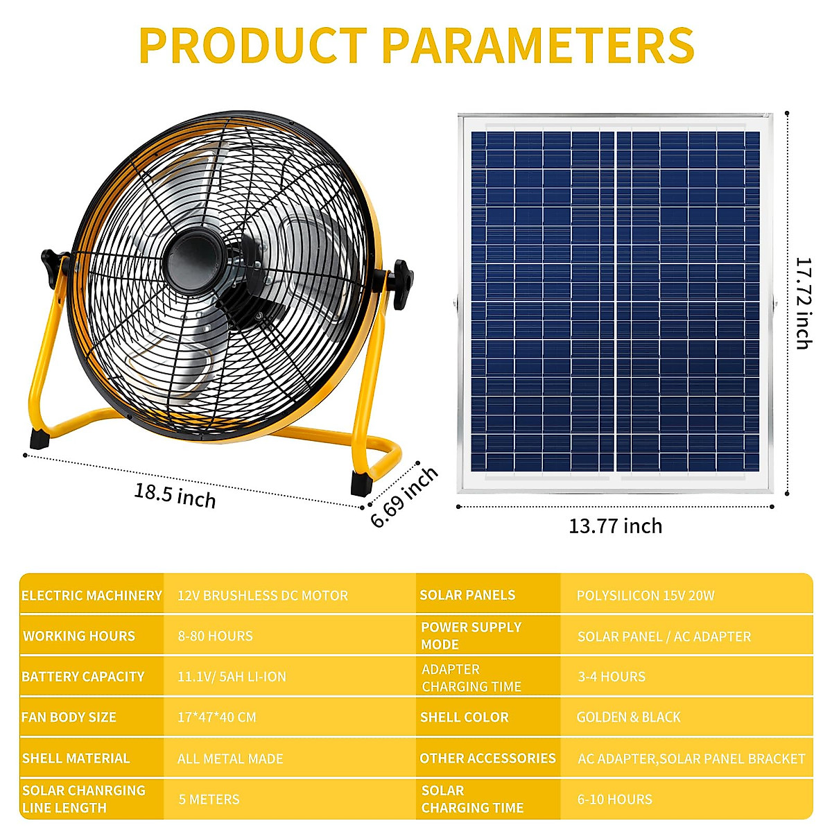 CYBERDAX 16 Inch Portable Rechargeable Solar Floor/Table Fan, Air Circulation Fan Powered by Solar Panel and AC Charger Dual Input for Indoor Household, Office, Camping, Picnic Outdoors