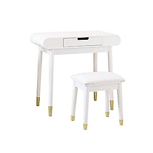 FUQIAOTEC Modern White Makeup Vanity Set, High Gloss Dressing Table with Vanity Stool and Drawer, Minimalism Bedroom Vanity Set Without Mirror, Stable and Durable Solid Wood Legs