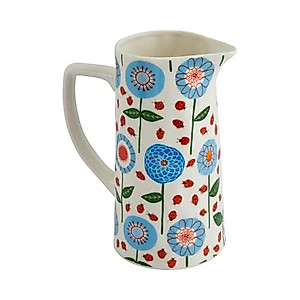 Creative Co-Op Cottagecore Stoneware Pitcher with Floral Design, Multicolor 64 Ounces