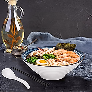 CYSNATU Japanese Ramen Bowl, Ceramic Ramen Bowls Set of 2, 34oz Large Ramen Bowl Noodle, Ramen Bowl with Chopsticks and Spoon(Blue and White)