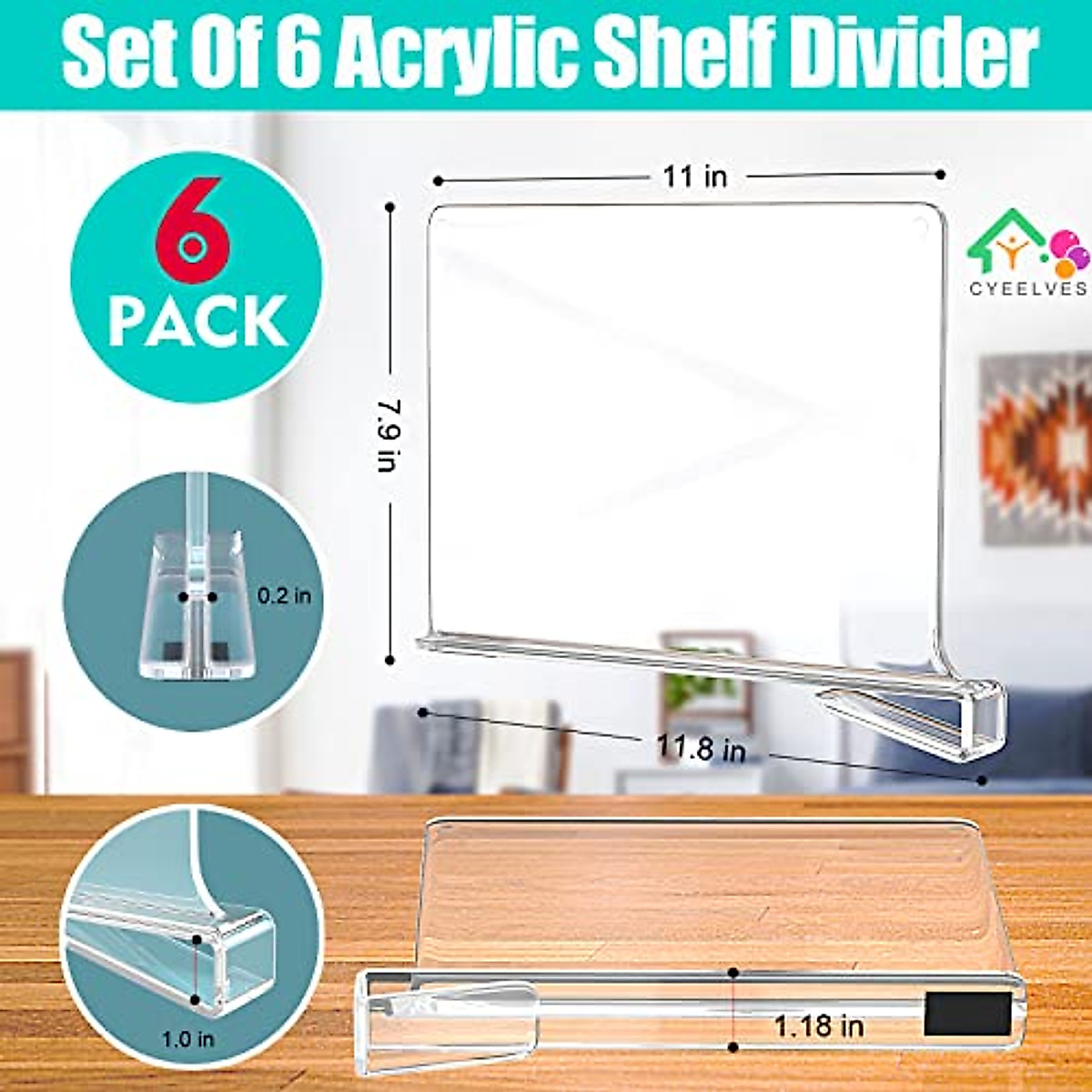 6 Pack Closet Shelves, Shelf Dividers, Clear Acrylic Shelf Divider for Closets, Wood Shelf Dividers Purse Organizer Separators, Closet Shelf Organizer for Kitchen Cabinets Storage Clothes Organization