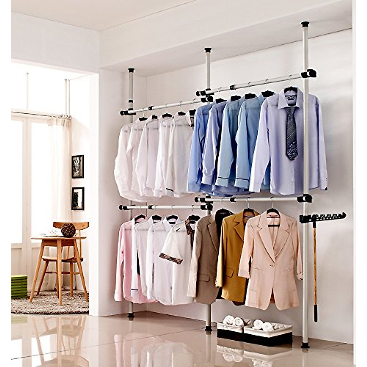 Portable Garment Rack, Adjustable Heavy Duty DIY Clothes Wardrobe Clothing Rack Metal Clothes Closet Storage Origanizer for Clothes Jacket Shirt Long Dress, 3 Poles 4 Bars