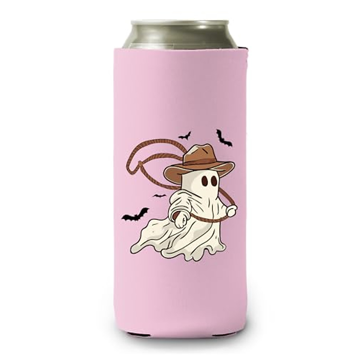 Western Halloween Pink Can Coolers - Insulated 12oz Beverage Beer Soda Coozies Party Favors Supplies Decor (Ghost Cowboy)