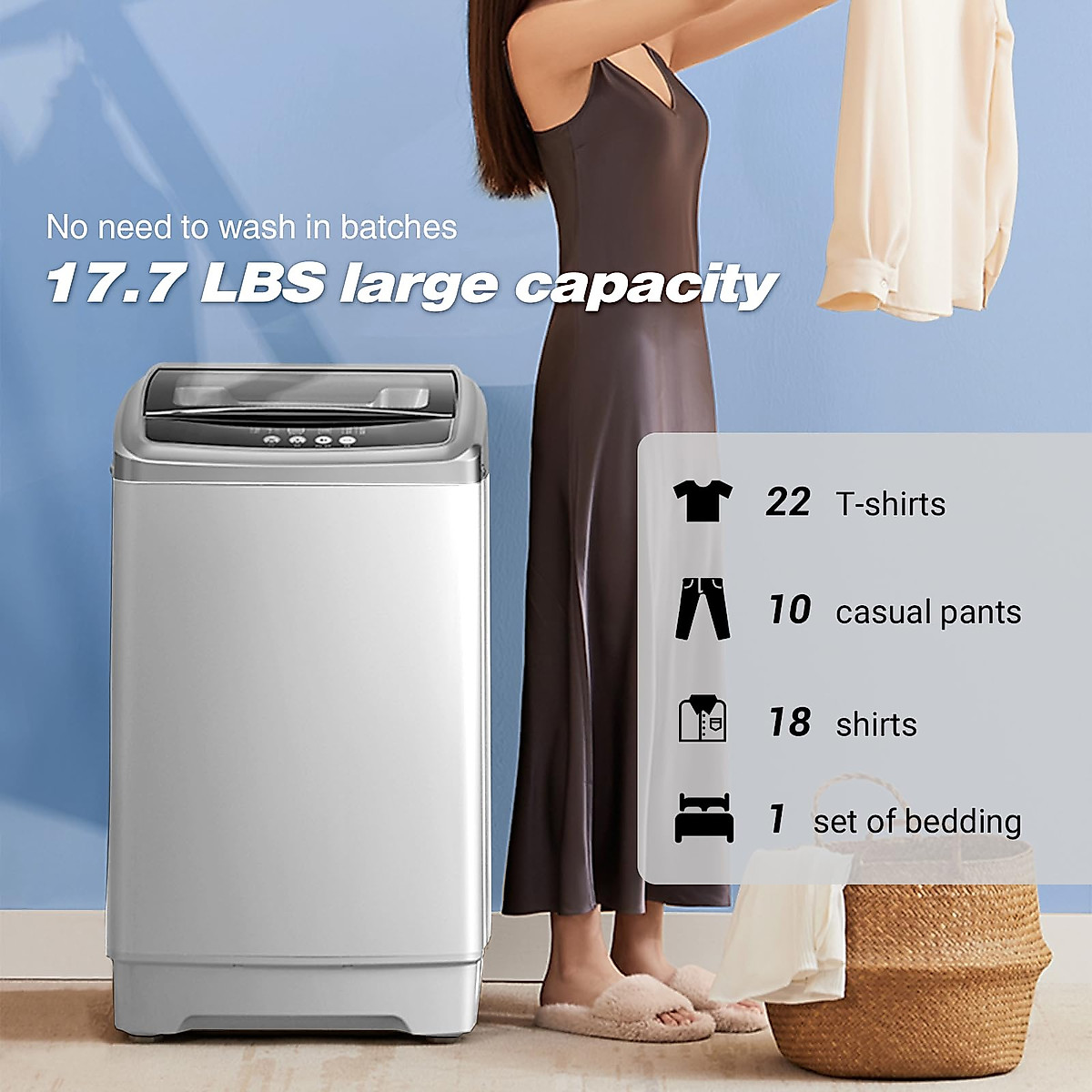 OOTDAY Apartment Washing Machine, 17.7 lbs Automatic Washing Machine with Stainless steelinner barrel and LED Display, Portable Washer Suitable for Apartments, Office and Dorms, Transparent Grey