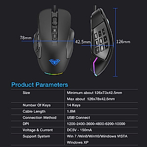 AULA H510 MMO Gaming Mouse, with Backlit RGB LED, 14 Buttons Programmable, 10,000 DPI, Ergonomic Optical Sensor USB Wired Computer Mice for FPS/MOBA Games, Black